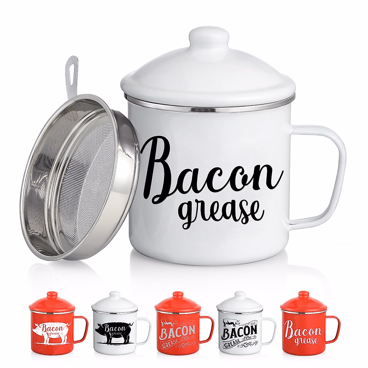 VITEVER 46OZ LARGE Bacon Grease Saver with Fine Mesh Strainer & Handle - Enamel Oil Keeper Container, Bacon Fat Dripping Can - Farmhouse Kitchen Gift & Decor Cooking Accessories - White, Style 3
