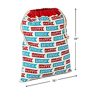 Hallmark 19" Large Birthday Drawstring Gift Bag (Red and Blue "Happy Birthday" Flags) for Kids, Grandchildren, Adults, Coworkers, Friends