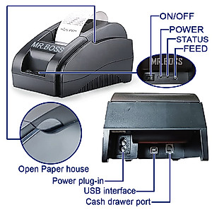 MRBOSS 2“ 58mm POS Cash Register Portable Thermal Receipt Printer with High Speed Printing USB+Bluetooth Interface for Supermarket Restaurant Retail Sales Kitchen Support Windows Android MAC