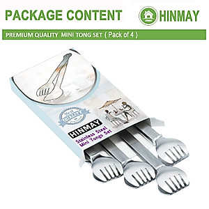 HINMAY Small Serving Tongs 6-Inch Stainless Steel Mini Appetizer Tongs, Set of 4 (Brushed)