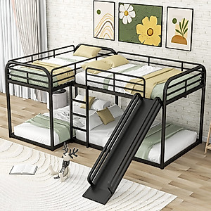 Lepfun Bunk Bed with Slide, Metal Twin Over Twin L-Shaped Bunk Bed Frame for 4, Twin Size Bunk Bed with Ladders for Kids Teens Adults (Black)
