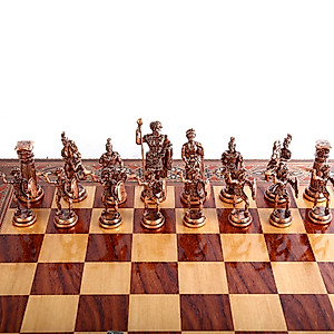 Metal Chess Set for Adult Historical Antique Copper Rome Figures Handmade Pieces and Natural Solid Wooden Chess Board with Original Pearl Around Board and Storage Inside King 4 inc