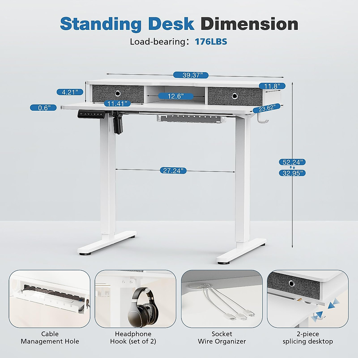 Electric Standing Desk with Double Drawers, 40 x 24 Inch Adjustable Height Sit Stand Up Desk with Storage Shelf for Home Office Computer Table Workstation with Splice Board