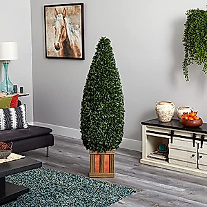 Nearly Natural 5’ Boxwood Cone Topiary Tree with Decorative Planter Artificial Plant, 16" D x16 W x5 Ft, Green