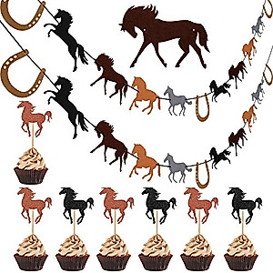 22 Pcs Horse Banner Set Including 2 Pieces Horse Banner and 20 Pieces Horse Cupcake Topper Horse Racing Streamer Horse Party for Horse Racing Birthday Wedding Baby Shower Home Decoration Supplies