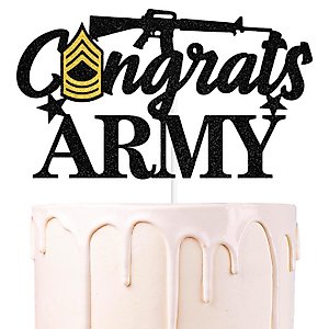 Black Glitter Congrats Army Cake Topper, Army Soldier Fighter Veteran's Day Cake Decorations, Airman Military Themed Graduation Retirement Party Decorations (E-8)