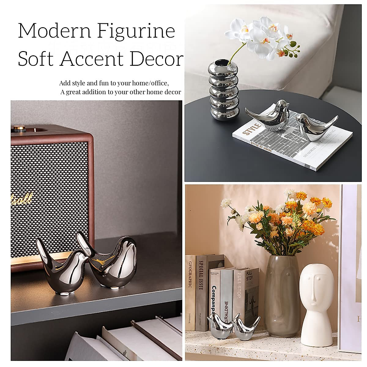 FANTESTICRYAN Small Birds Statues Gold Home Decor Modern Style Figurine Decorative Ornaments for Living Room, Bedroom, Office Desktop, Cabinets (M&L, Silver)