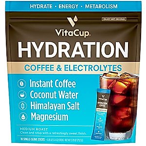 VitaCup Hydration Coffee Packets, The First Coffee That Hydrates You w/ Electrolytes, Coconut Water, Pink Himalayan Salt, Magnesium, Medium Roast, Instant Coffee in Single Serve Sticks, 18 Ct