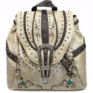 Zelris Western Women Buckle Drawstring Conceal Carry Mini Backpack Rucksack with Floral Embroidery (Beige)