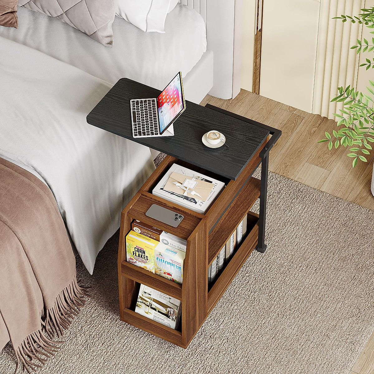 Tribesigns Rolling End Table with Rotating Tabletop for Living Room, Narrow Side Tables with 3 Tier Storage Shelves Magazine Drink Holder, Large Utility Cart for Bedroom Small Space Home, Black Brown
