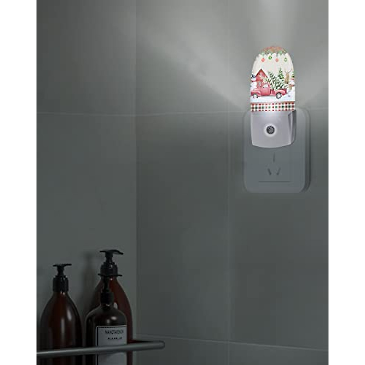 Christmas Tree Truck Night Light, LED Plug in Night Light, Red Green Plaid Xmas Snowflake Elk Wood Night Lights with Dusk to Dawn Sensor Decorative Kids/Adults Nightlight for Bedroom Bathroom