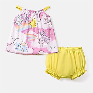 PATPAT Care Bears Baby Girl 2pcs Outfit Bear Print Cami Top and Solid Cotton Shorts Set Toddler Girl Cute Clothes Yellow 12-18 Months