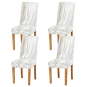Kcldeci Dining Chair Covers, Gray Marble Canvas Gold Texture Kitchen Cover Parsons Slipcover Spandex Protectors for Room Kitchen Home Stretch Chairs Cover Set of 4