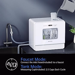 AIRMSEN Countertop Dishwasher Complete 2-Level Rack, Portable Dishwashers with 5L Built-in Water Tank, 3-Spray Arms & 12H Delay Start, No Hookup Needed, A01, White