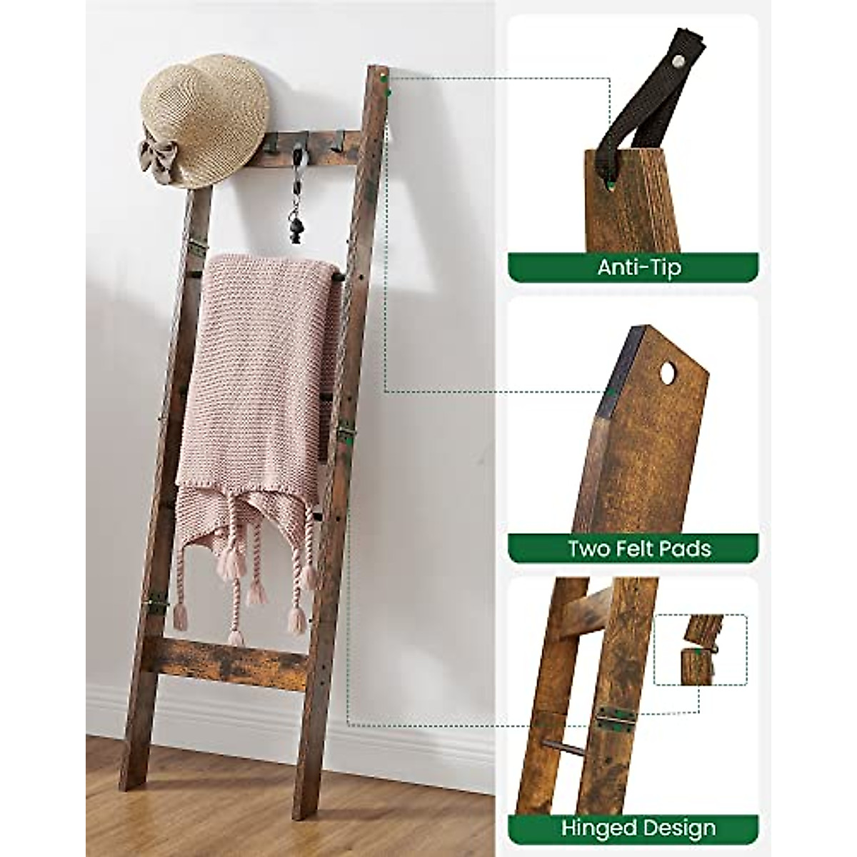 Hzuaneri Blanket Ladder - for Bedroom, Decorative Wood Quilt Rack with 4 Removable Hooks, 5-Tier Farmhouse Ladder Holder Organizer for Bathroom Living Room, Rustic Brown and Black 02101BBR