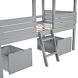 Merax Twin Kids Wood Low Loft House Bed with Drawers and Ladder Loft Bunk Bed for Juniors,Boys, Girls,No Box Spring Needed, Gray