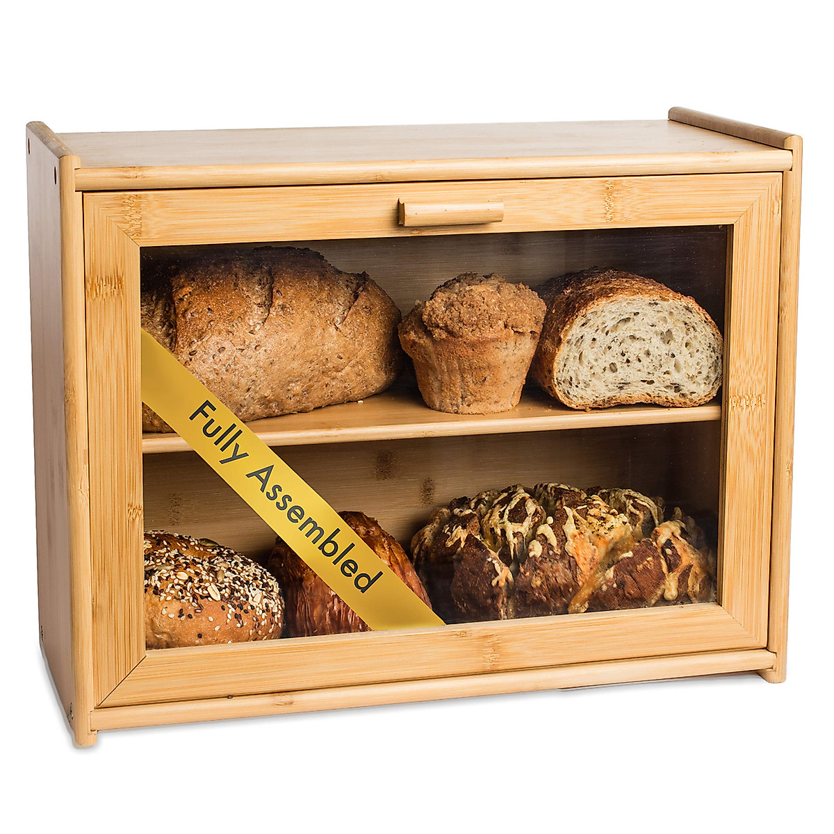 Laura's Green Kitchen Large Bread Box with Clear Front Window - Bamboo Wood - Farmhouse Style - Double Layer Storage Bin Holds 2 Loaves - Fully Assembled