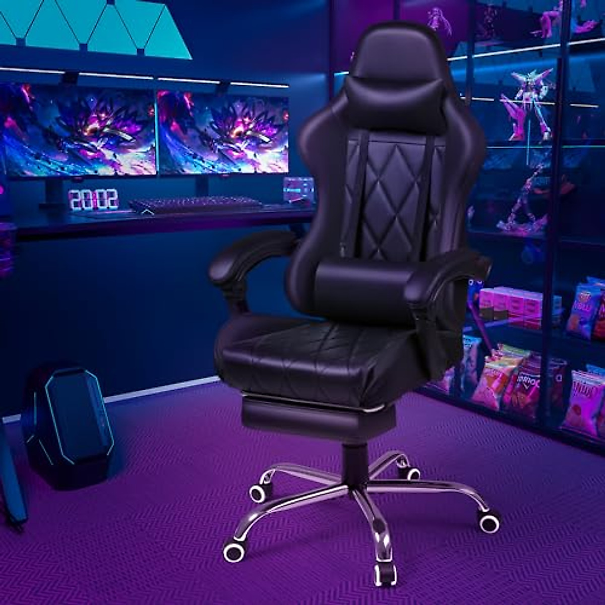 Shahoo Gaming Chair with Footrest and Massage Fuction Lumbar Support, 360°Swivel and Height Adjustable Seat with Headrest for Office or Bedroom, Study Room, Black