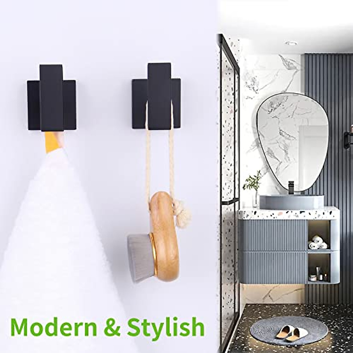 Angle Simple Bathroom Towel Hook 2 PCS, Stainless Steel Bath Towel Holder, Hand Towel Rack, Heavy Duty Square Robe Hook Wall Mount, Matte Black