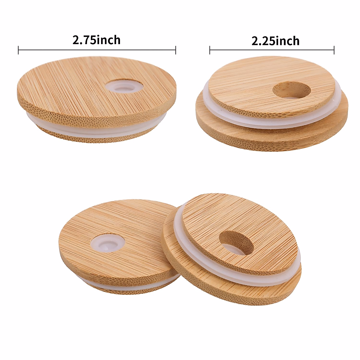 EDOBLUE 4 Pack Bamboo LIDS for Glasses with Straw Holes, 2.75 Inch/70mm Wooden LIDS for 16OZ Glass Jars, and Replacement LIDS for Regular 20OZ 24OZ Glasses