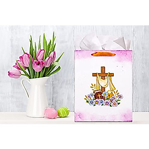 SICOHOME Easter Gift Bag with Handle 13" Religious Gift Bag with Tissue Paper and Greeting Card Baptism Gifts Bag Gift Wrapping Bags for Party Favor Bags for Easter Christenings Baptism First Communions Confirmations or Religious Party