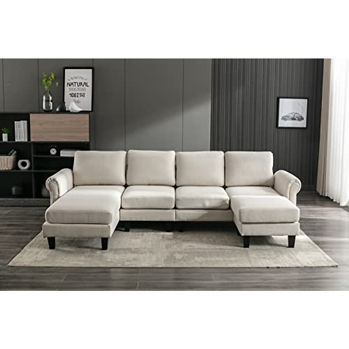Eafurn U-Shaped Sectional Sofa w/Chaise Lounge and Movable Ottoman,108.66" Convertible Corner Couch,5 Seater Linen Upholstery Sofa&Couches with 2 Pillows for Living Room Furniture Sets, Beige