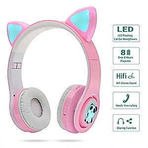 Girls Wireless Headphones, LED Flashing Lights, Music Sharing Function, Stereo Sound, SD Card Slot and Build-in Mic Wireless/Wired Children Bluetooth Headphones for Girls (Pink)
