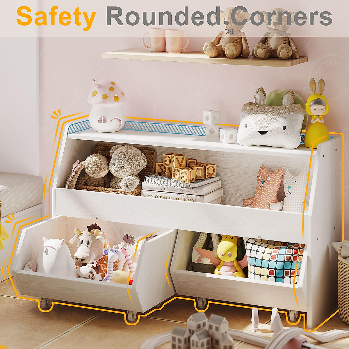 Fulhope Toy Storage Organizer for Kids, Toy Storage Cabinet with Drawers, Boys and Girls Toy Shelf with Wheels, Toy Organizer Kids Bookshelf with Storage for Nursery, Playroom, Bedroom (White)