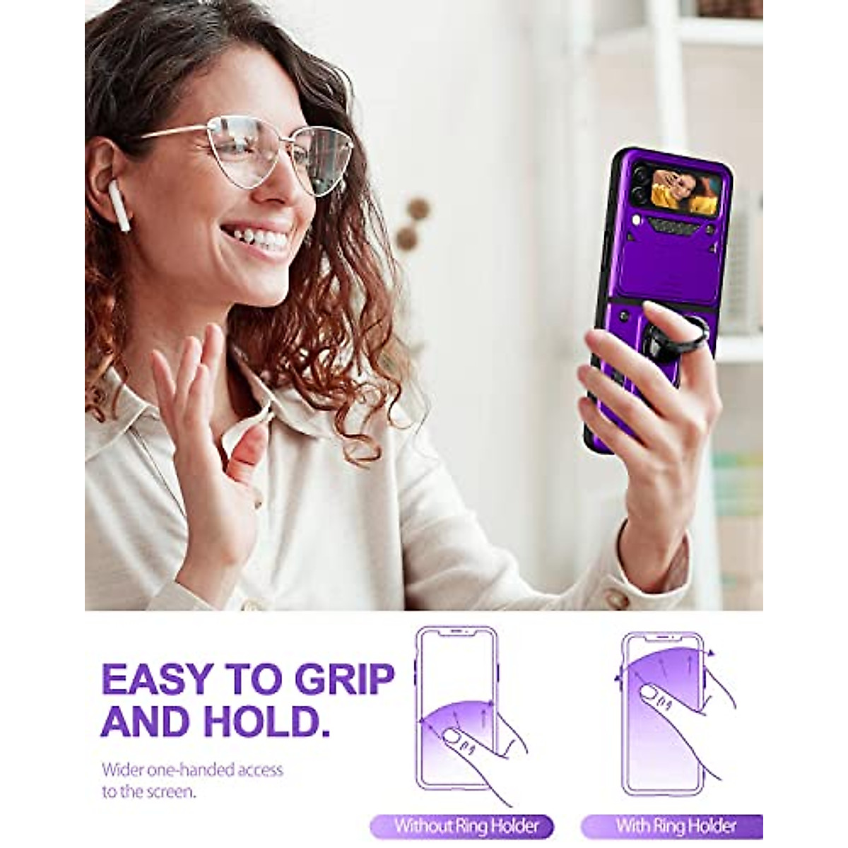 AICase for Samsung Galaxy Z Flip 4 Case, with Ring Kickstand and Camera Cover, Shockproof Flip Phone Case for Galaxy Z Flip 4 5G [Support Magnetic Car Mount], Purple