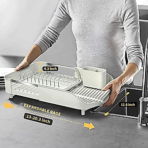 Genteen Dish Drying Rack, Dish Racks for Kitchen Counter Expandable Dish Drainer with Stainless Steel Cutlery Rack and Utensil Holder, Drying Rack for Kitchen Counter in White