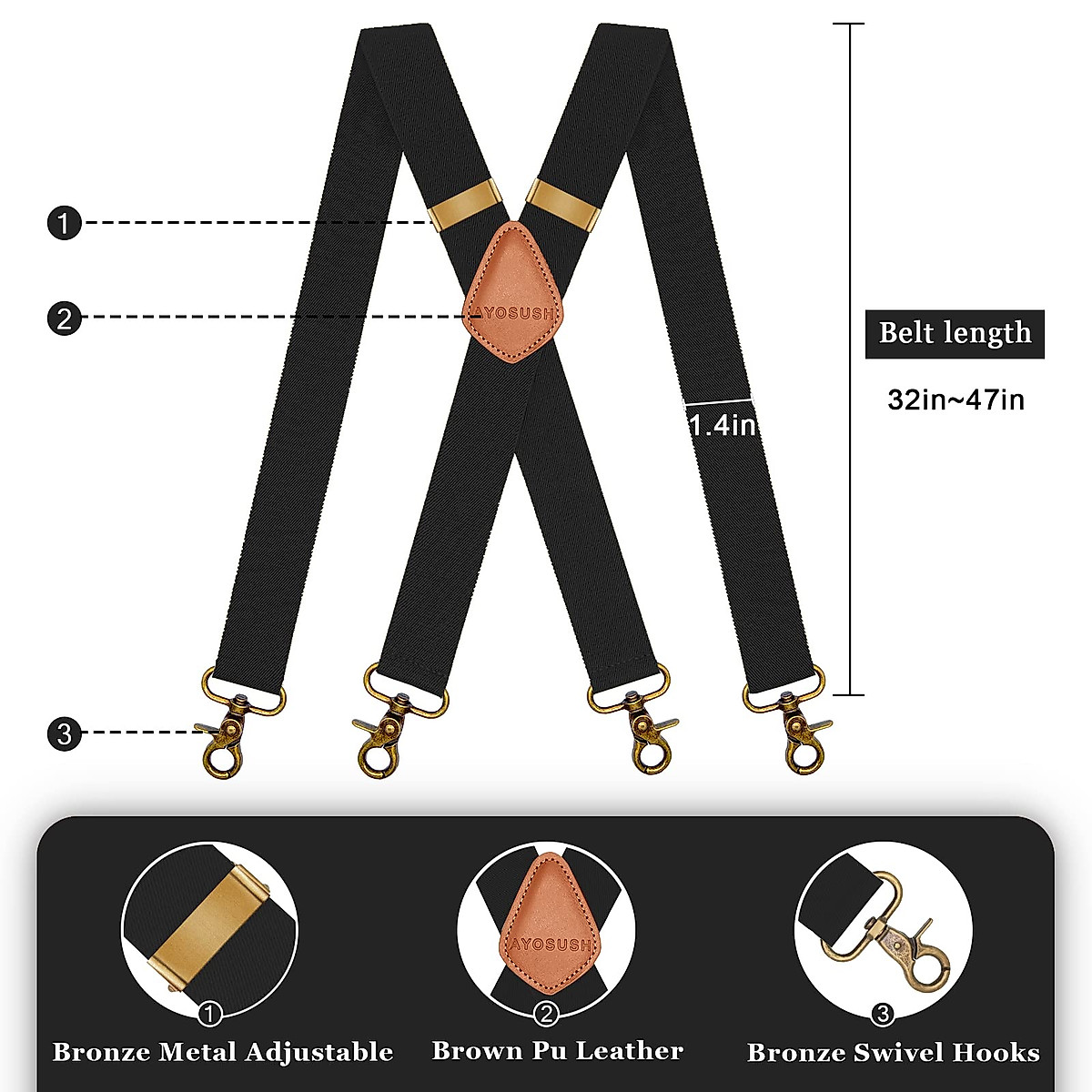 AYOSUSH Suspenders for Men Swivel Snap Hooks Black Elastic Formal Heavy Duty Braces Big And Tall
