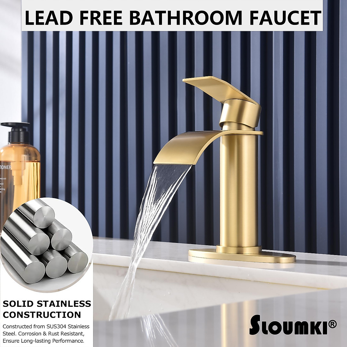 SLOUMKI Brushed Gold Waterfall Bathroom Faucet Single Hole, Gold Bathroom Faucet for Sink 1 Hole with 6 in Deck Plate and Pop Up Drain and Supply Hose, Modern Bathroom Sink Faucet