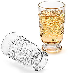 Hacaroa Set of 4 Vintage Embossed Drinking Glasses Short Stem Water Glassware, 11 Oz Clear Stemmed Highball Glass Beverage Cup, Romantic Footed Wiskey Glasses for Juice, Beer, Party, Bar