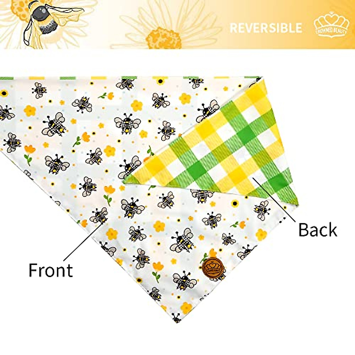 CROWNED BEAUTY Spring Summer Dog Bandanas Reversible Large 2 Pack, Daisy Bee Set, Plaid Adjustable Triangle Holiday Scarves for Medium Large Extra Large Dogs Pets DB36-L