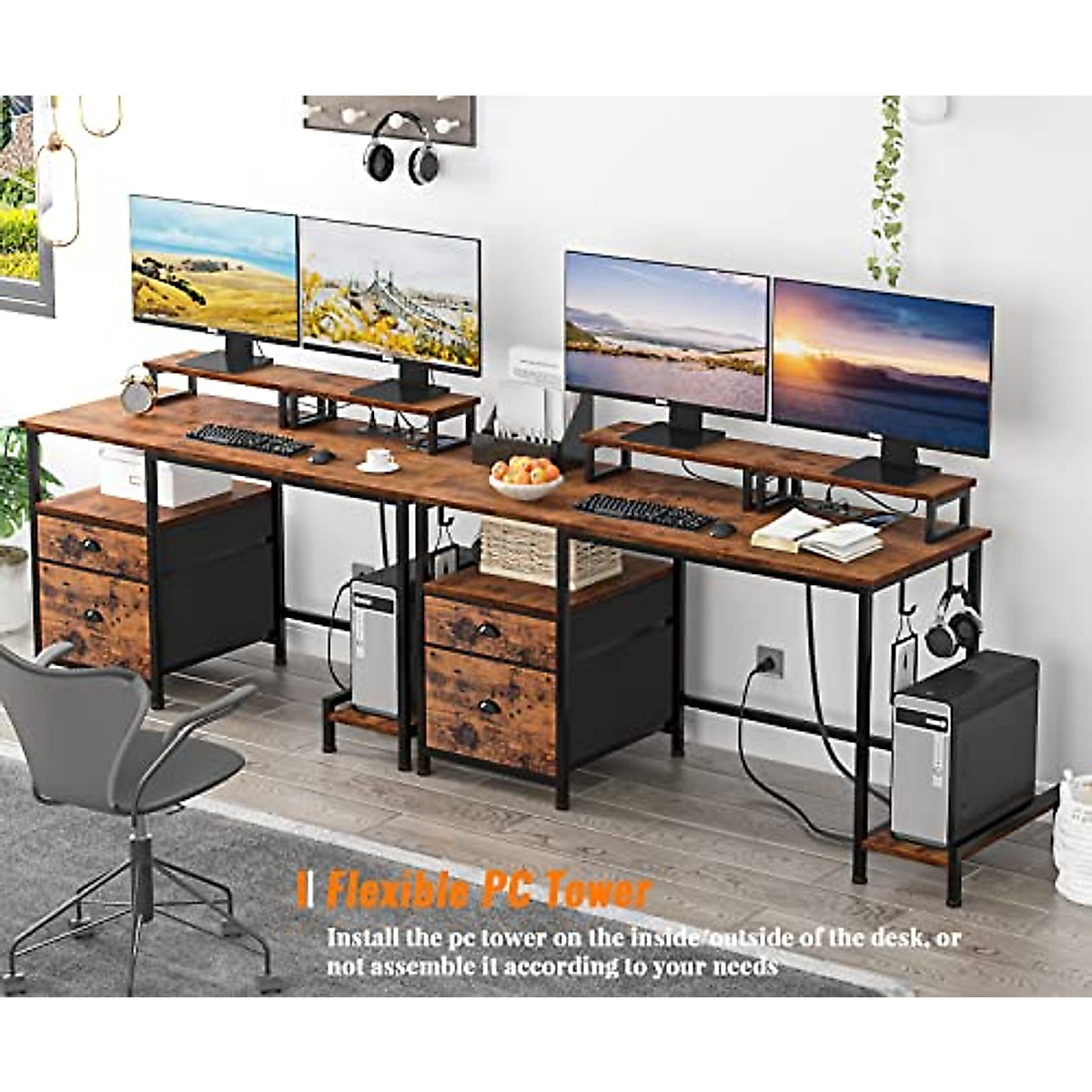Furologee Computer Desk with Drawer and Power Outlets, 47" Office Desk with 2 Monitor Stands and Fabric File Cabinet, Writing Gaming Table with Shelves and 2 Hooks for Home Office, Rustic Brown