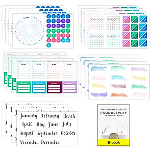 Ultimate Productivity Stickers Set - Large Value Pack of 20 Planner Sticker Sheets - Calendars, to Do Lists, Habit Trackers, Goals - Accessories & Supplies for Dot Grid Journals by Sunny Streak