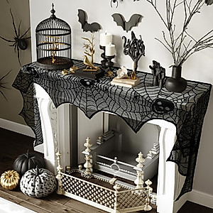 OurWarm Halloween Decorations Skull Spiderweb, Black Lace Spider Web Halloween Fireplace Cover, Cobweb Halloween Mantle Scarf for Halloween Mantel Decor Halloween Party Supplies 21 x 79 Inches