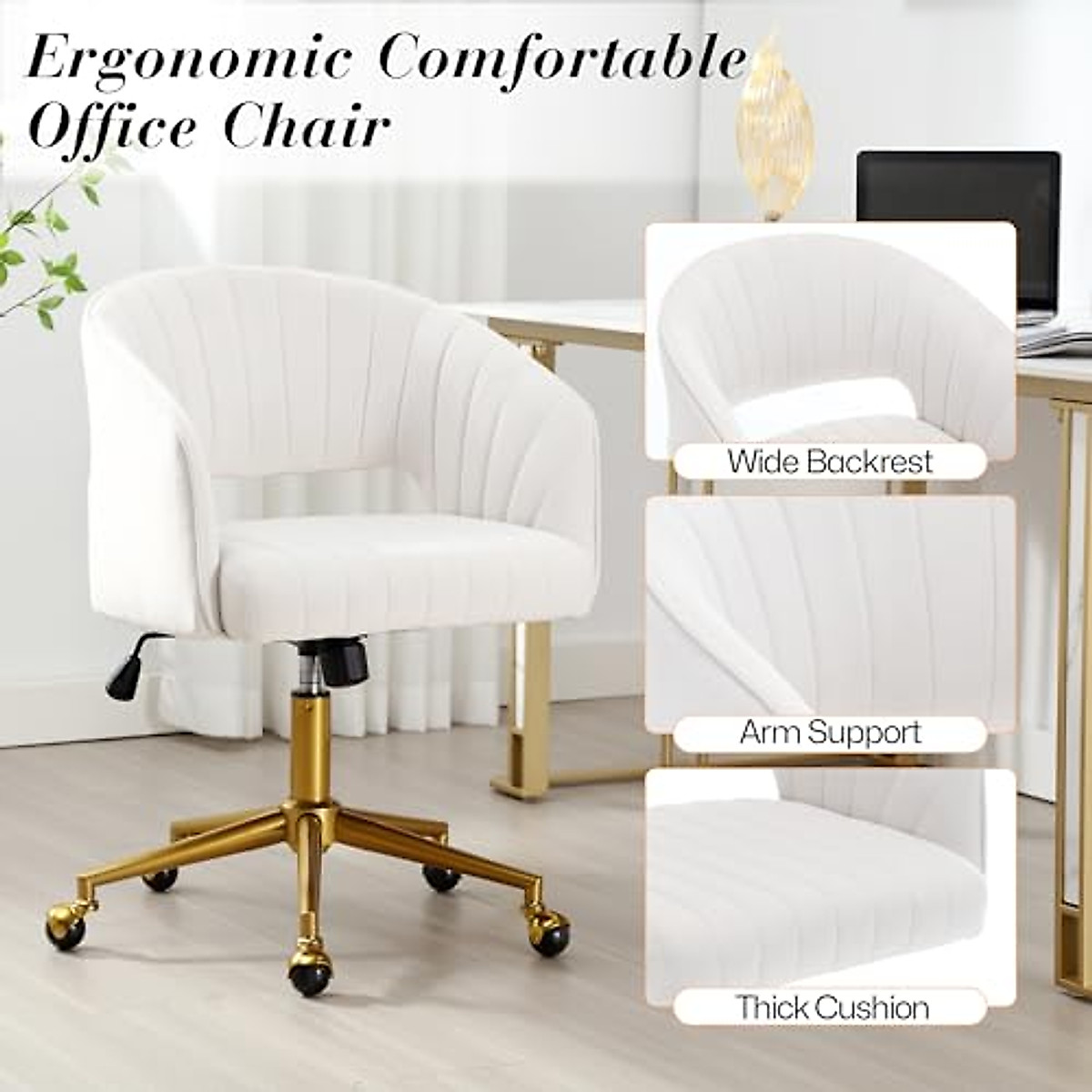 Homedraft Home Office Swivel Desk Chair, Modern Velvet Desk Chair, Height Adjustable Armchair with Gold Base, Ergonomic Office Chair for Living Room Vanity Study Computer Room, Cream