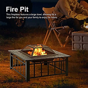 32in Firepit with Spark Screen,Square Firepit with Waterproof Cover, Poker,3 in 1 Patio Firepit Table BBQ Garden Stove for Outside Wood Burning and Drink Cooling