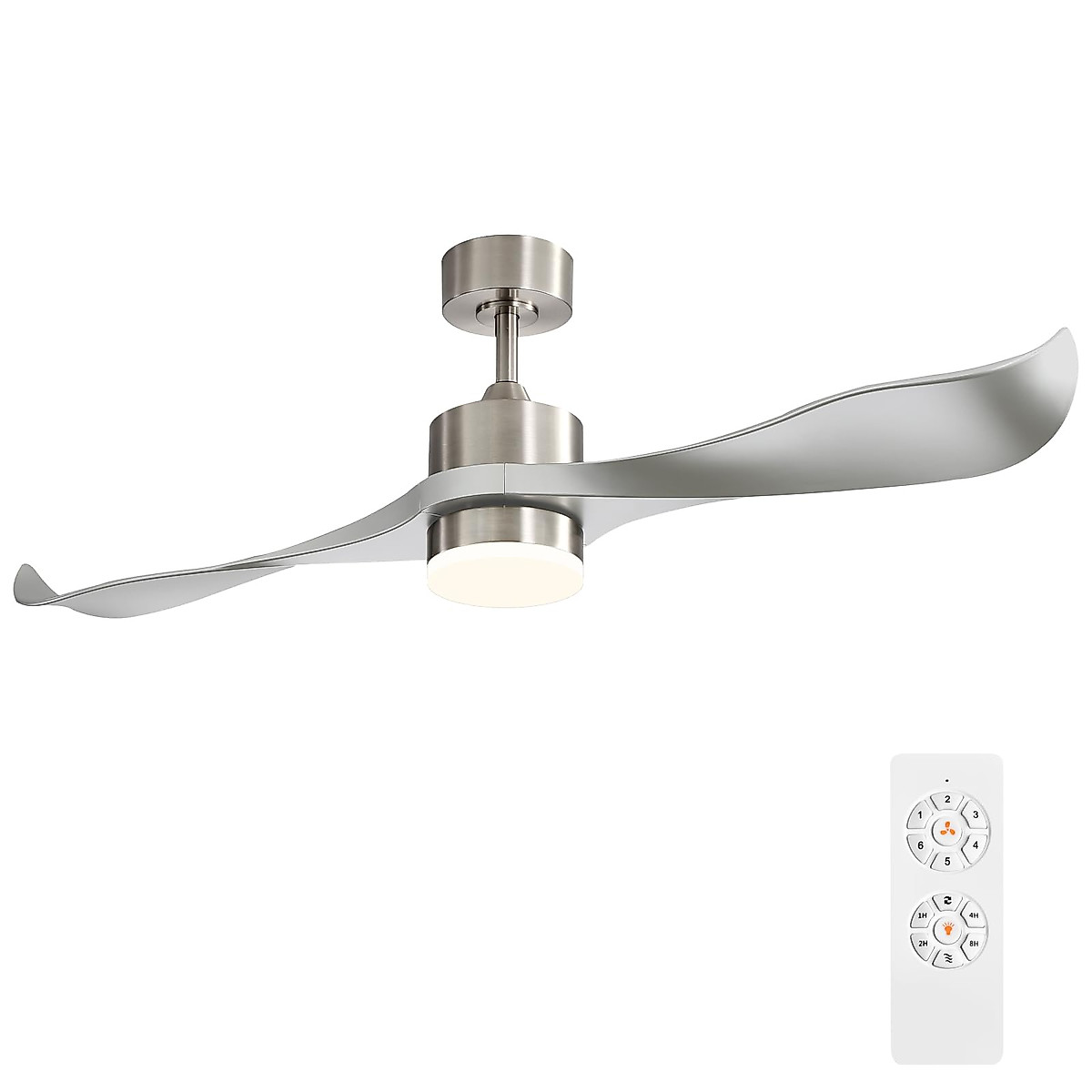 WINGBO 52" DC Ceiling Fan with Lights and Remote, Brushed Nickel and Silver Ceiling Fan, 2 Curved ABS Plastic Blades, 6-Speed DC Motor, Modern Ceiling Fan for Kitchen Bedroom Living Room, ETL Listed