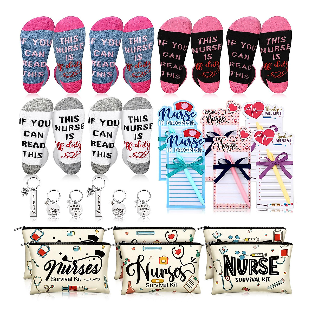 Jiuguva 36 Pcs Nursing Appreciation Gifts Nurses Week Gifts in Bulk Nurse Survival Kit Christmas Gifts for Nurses Notepad for Nurses Socks Nursing Makeup Bags Nursing Keychains for Holiday