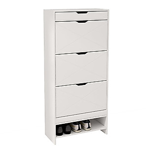 HESIEU Modern Wooden 3 Tier Tumble Shoe Cabinet Storage Cabinet White Finish with 1 Drawer and 1 Bottom Storage Suitable for Hallway, Entryway, Bedroom, Closet