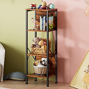 Furologee 4 Tier Small Bookshelf with Back, Short Narrow Bookcase with Shelves, Industrial Freestanding Shelf Units, Metal and Wooden Display Storage Rack for Bedroom, Living Room, Office, Entryway