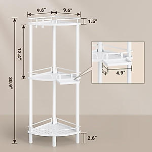 ELYKEN Corner Shower Caddy Standing, 3 Tier Rustproof Metal Shower Organizer with Soap Holder, Floor Shower Corner Shelf Rack Storage Stands with Adjustable Feet & 2 Hooks for Bathroom, White