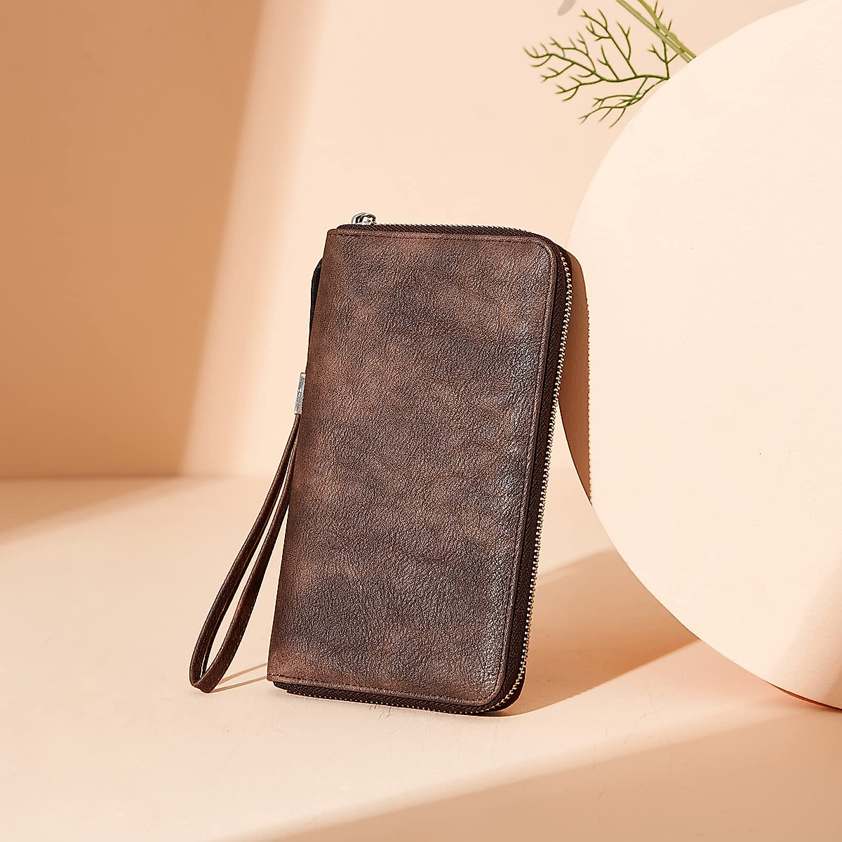 Telena Leather Wallets for Women Slim Zip Around Wristlet Clutch Purse Large Phone Holder Retro Coffee