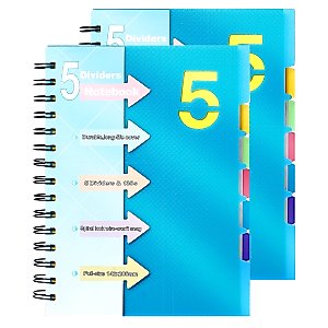 CAGIE 2 Pack Spiral Notebooks with Dividers 5 Subject Notebook with Tabs 5x7 Wide Ruled Hardcover A5 Spiral Bound Journal for Note Taking Work School Supplies, 220 Pages, Blue