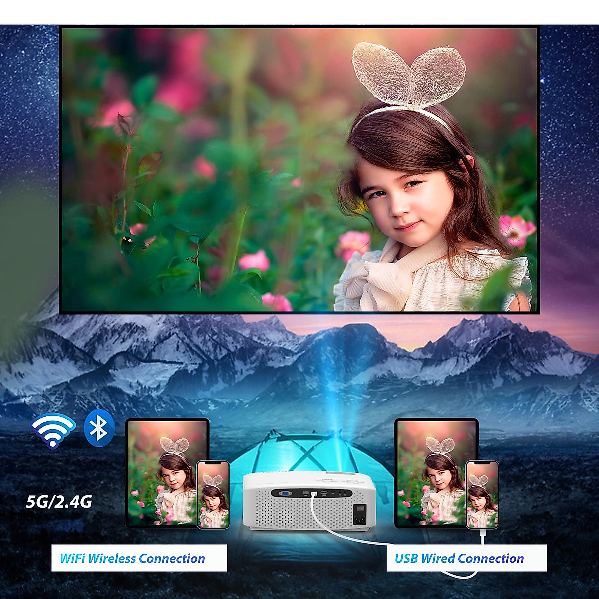 Native 1080P 15000L 5G WiFi Bluetooth Projector, 5G/2.4G WiFi and Bluetooth 5.1, 500ANSI Outdoor Movie Projector Supports 4K, Home Theater Compatible with HDMI, VGA, USB, Laptop, iOS & Android Phone