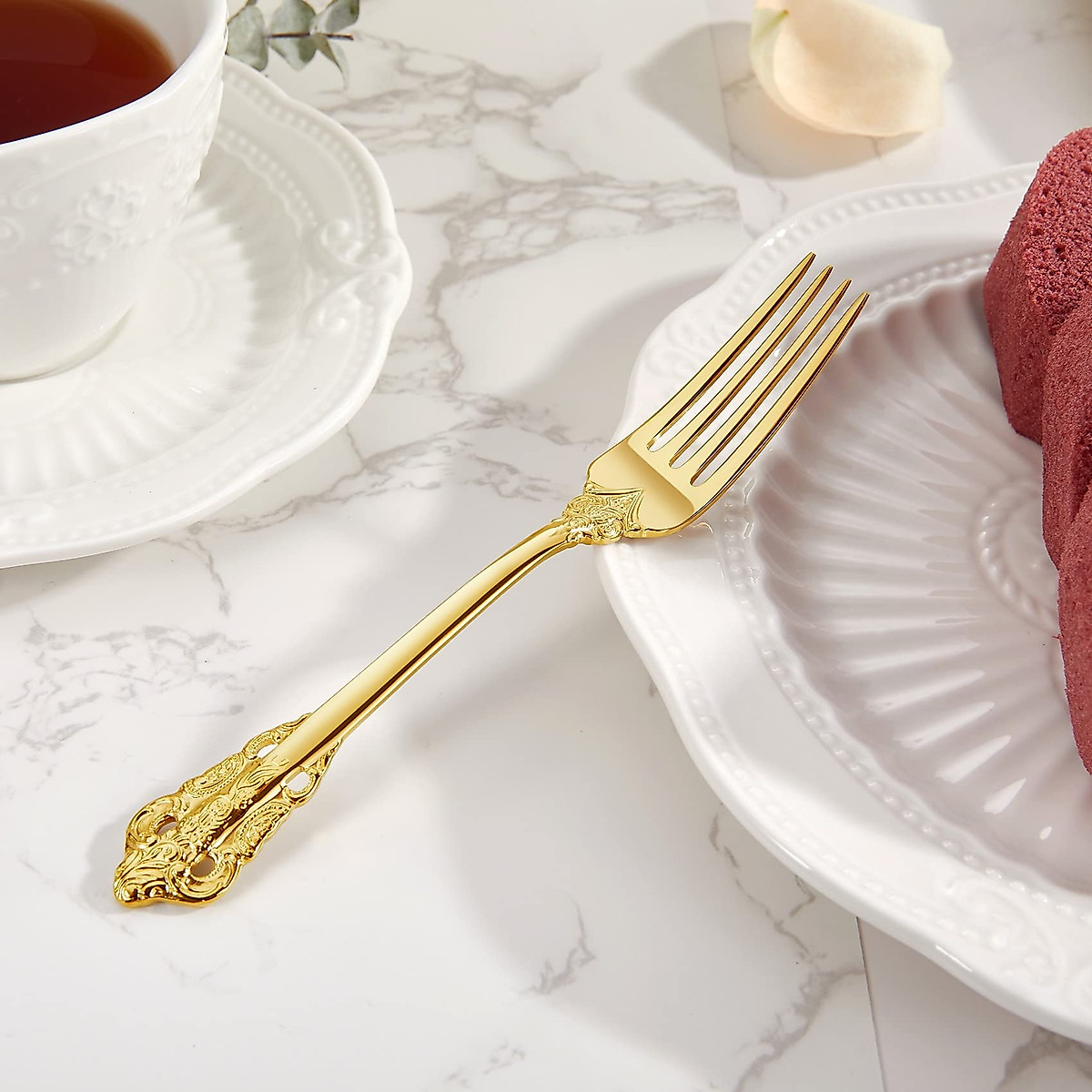 KEAWELL Luxury 5.9" Appetizer Forks, 18/10 Stainless Steel, Set of 4, Gorgeous Cocktail Forks/Dessert Forks (Gold)