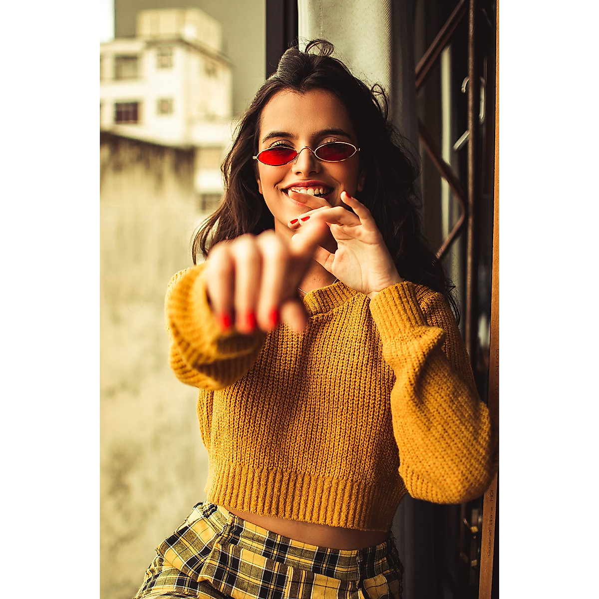 COASION Vintage Small Oval Aesthetic Sunglasses Retro for Women Men Hippie Cool Metal Frame Sun Glasses (Gold Frame/Red Lens)