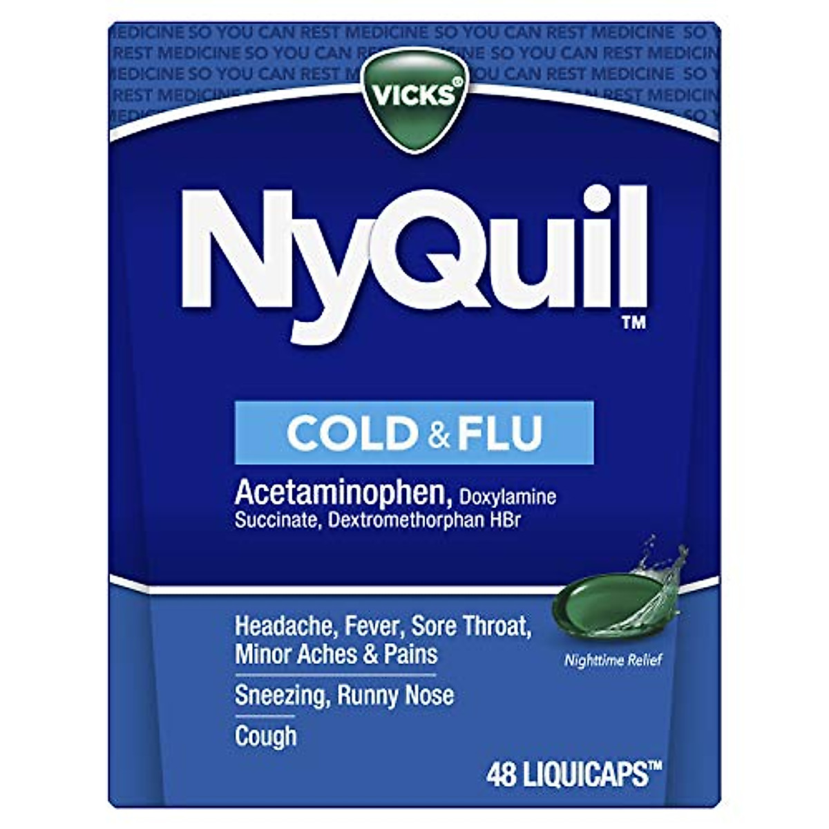Vicks NyQuil Cold and Flu Relief Liquid Medicine, Powerful Multi-Symptom Nighttime Relief for Headache, Fever, Sore Throat, Minor Aches and Pains, Sneezing, Runny Nose, and Cough, 48 Liquicaps